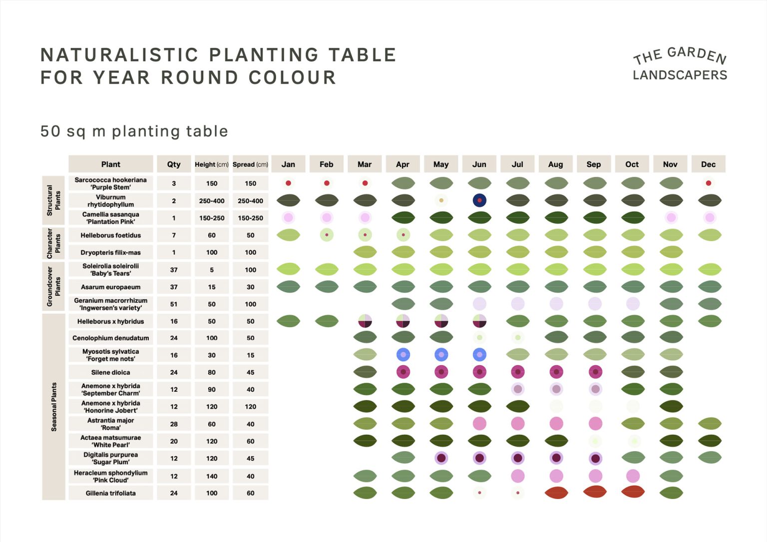 Naturalistic planting table for year round colour - The Garden Landscapers